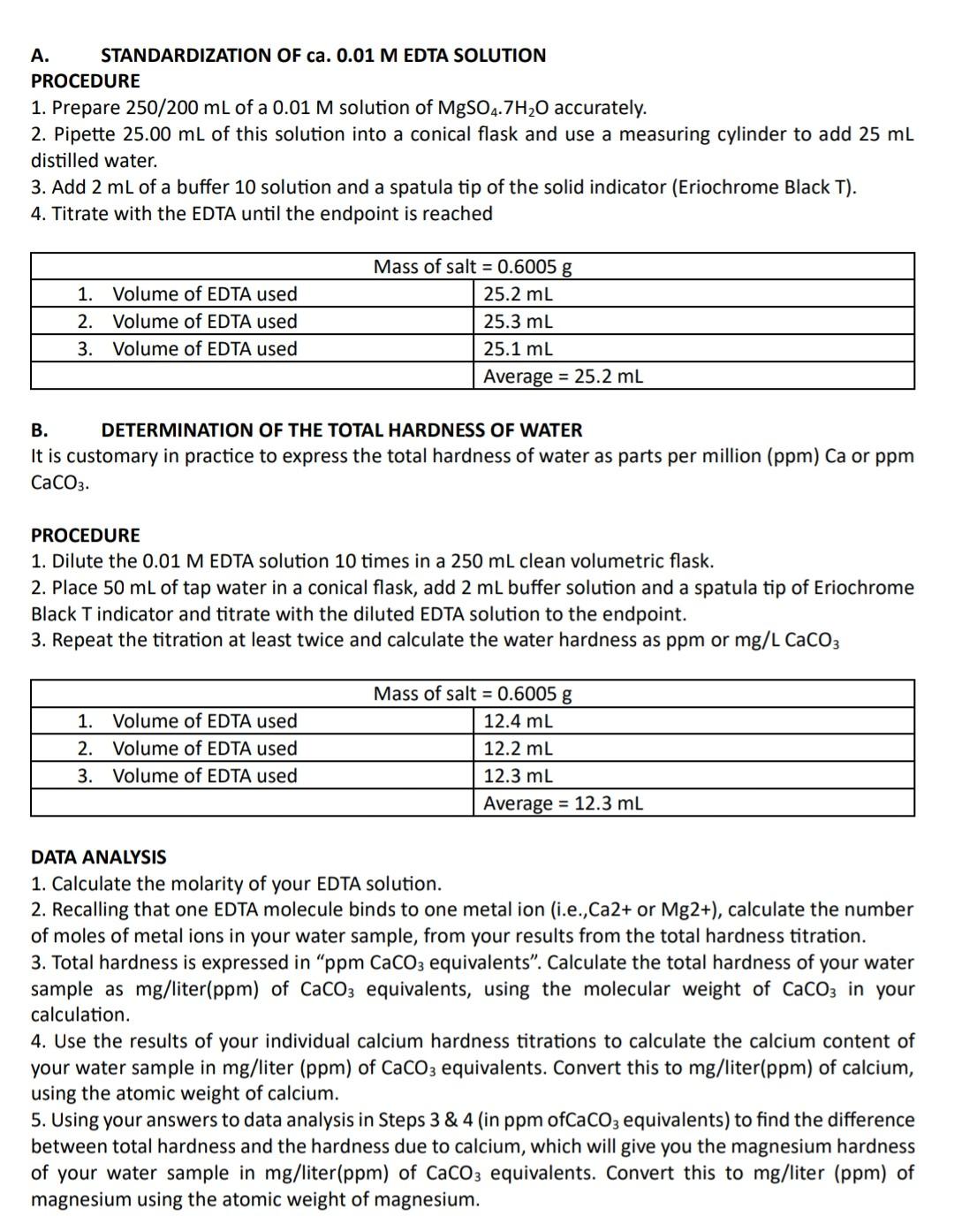 Solved A. STANDARDIZATION OF Ca. 0.01M EDTA SOLUTION | Chegg.com