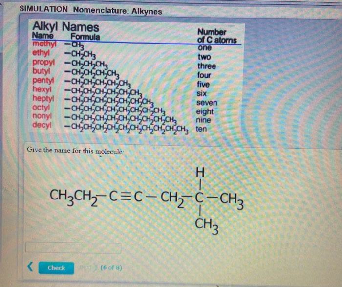 Solved SIMULATION Nomenclature: Alkynes Alkyl Names Number | Chegg.com