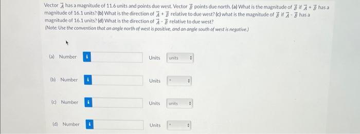 Solved Vector A has a magnitude of 11.6 units and points due | Chegg.com