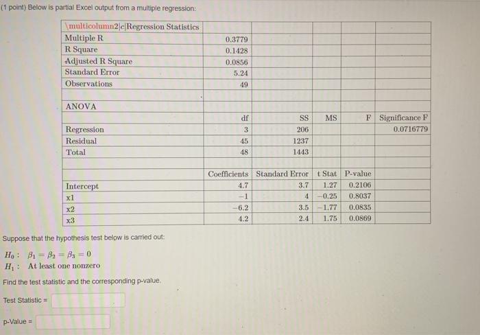 Solved (1 point) Below is partial Excel output from a | Chegg.com