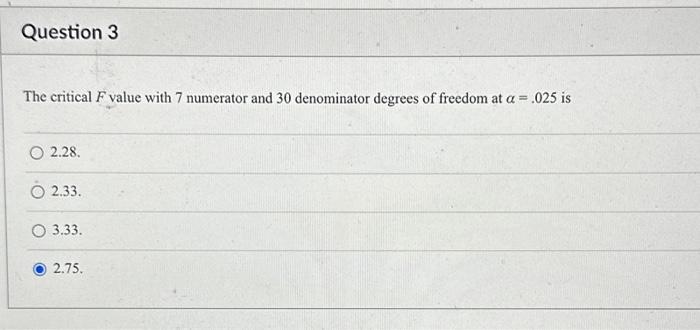 Solved The critical F value with 7 numerator and 30 | Chegg.com