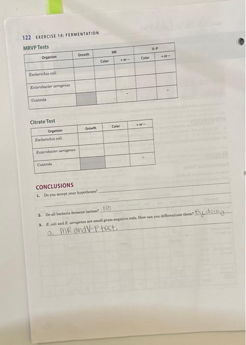 Solved 122 EXERCISE 14: FERMENTATION CONCLUSIONS 1. Do you | Chegg.com