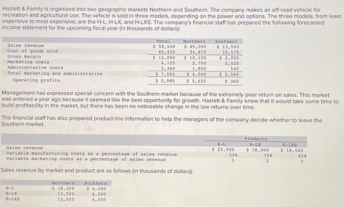 Solved Hazlett \& Family is organized into two geographic | Chegg.com