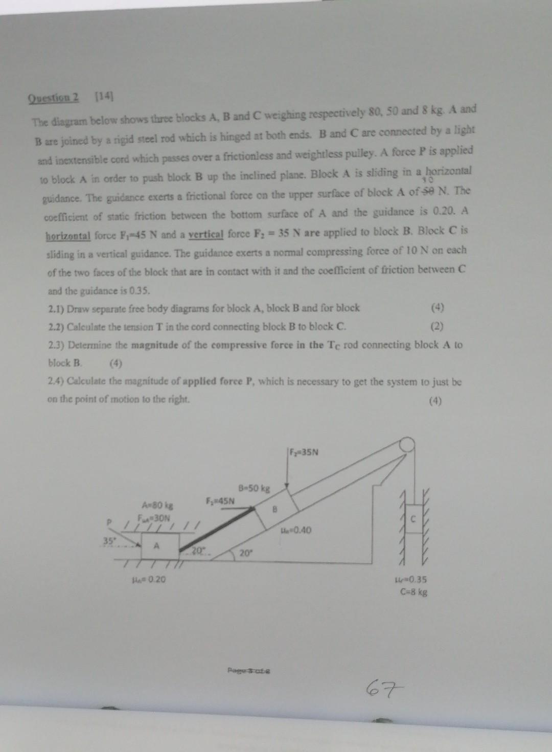 Solved Question 2[14] The diagram below shows throe blocks | Chegg.com