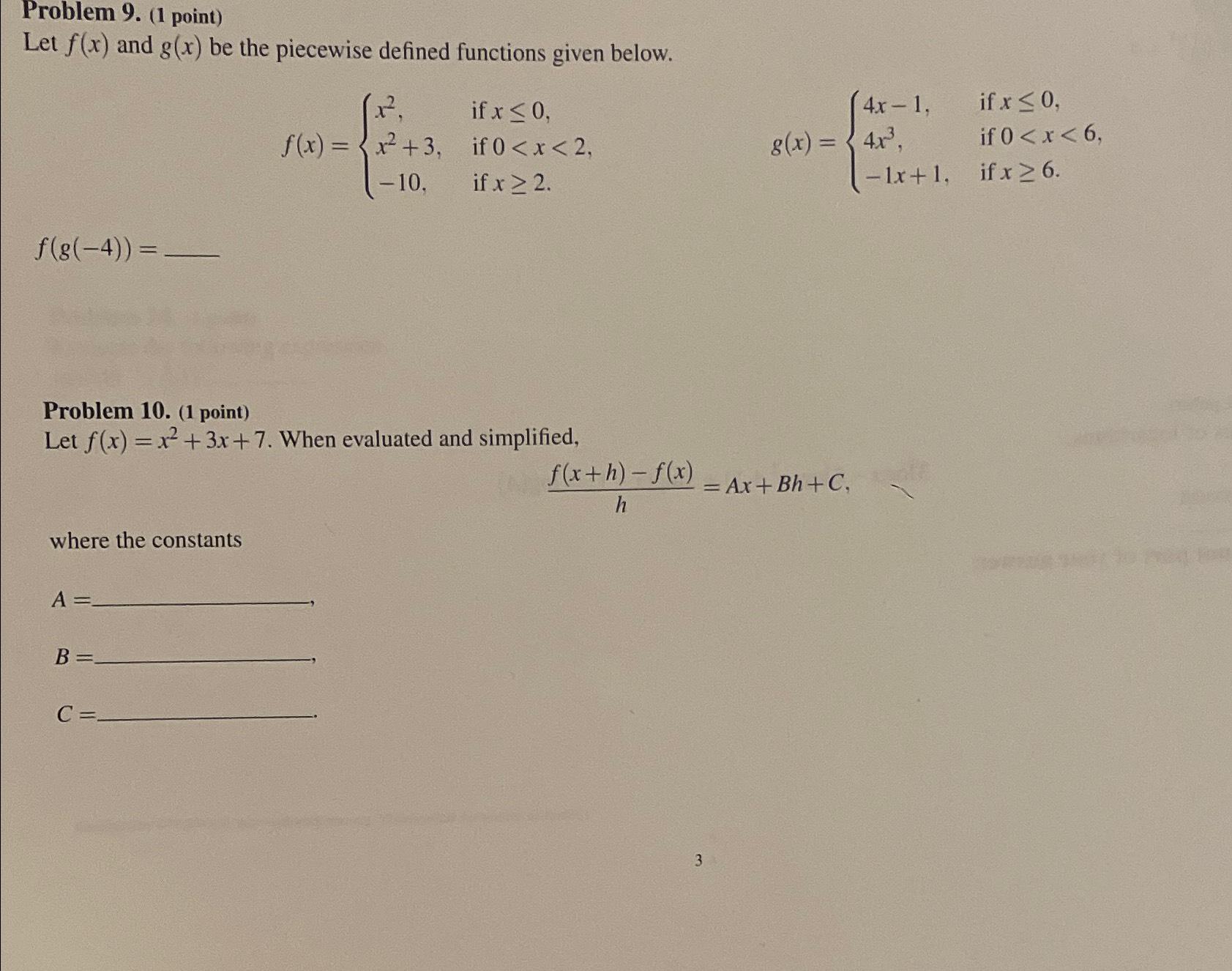 Solved Problem 9. (1 ﻿point)Let f(x) ﻿and g(x) ﻿be the | Chegg.com