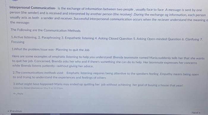 Solved Interpersonal Communication- is the exchange of | Chegg.com