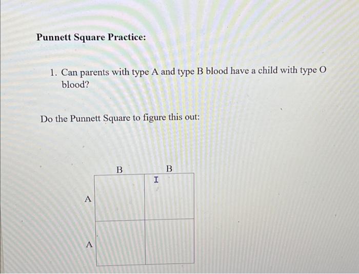 Solved Punnett Square Practice: 1. Can parents with type A | Chegg.com