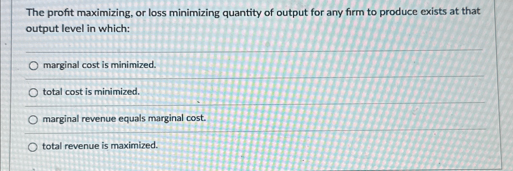 Solved The profit maximizing, or loss minimizing quantity of | Chegg.com
