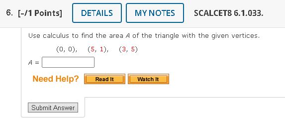 Solved Use calculus to find the area A ﻿of the triangle with | Chegg.com