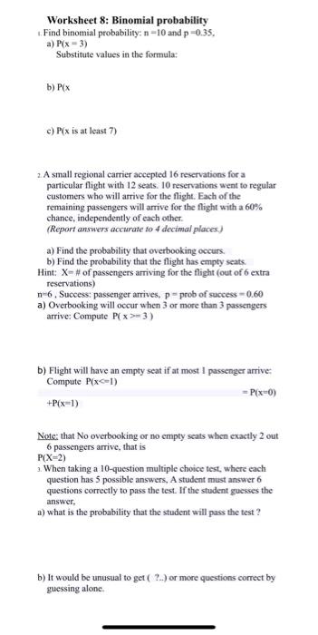 Solved Worksheet 8: Binomial probability 1. Find binomial | Chegg.com