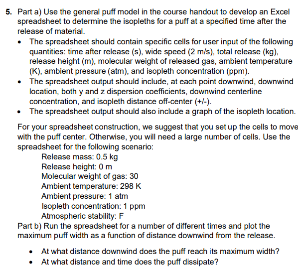 Solved 5. ﻿Part a) ﻿Use the general puff model in the course | Chegg.com