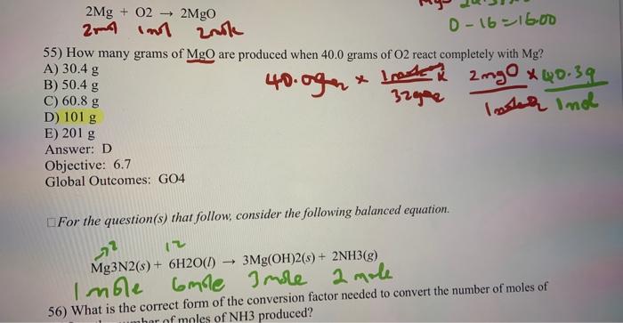 Solved 2Mg+O2→2MgO 55) How many grams of MgO are produced | Chegg.com