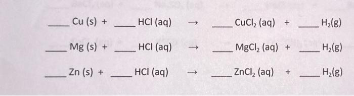 Solved Cu(s)+ HCl(aq)→CuCl2(aq)+…H2( | Chegg.com