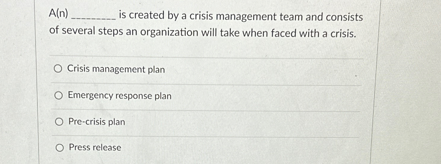 Solved A(n) ﻿is created by a crisis management team and | Chegg.com