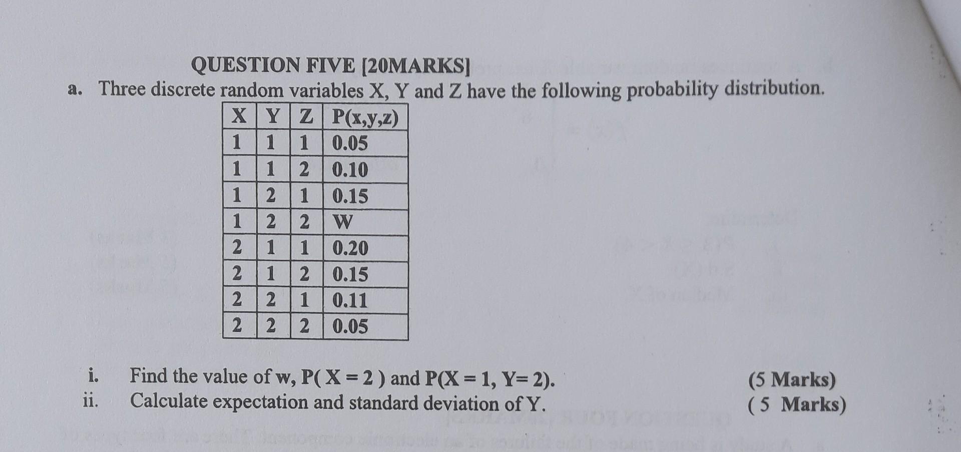 Solved QUESTION FIVE [20MARKS] a. Three discrete random | Chegg.com