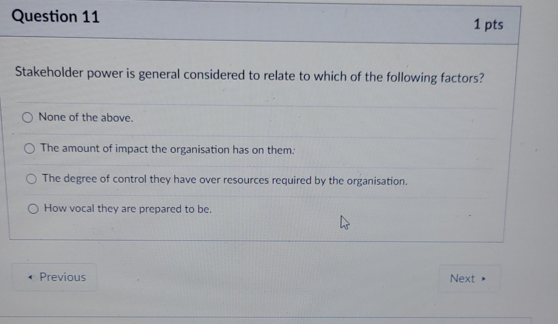 Solved Stakeholder power is general considered to relate to | Chegg.com