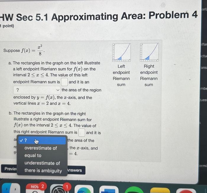 Solved IW Sec 5.1 Approximating Area: Problem 4 point) | Chegg.com