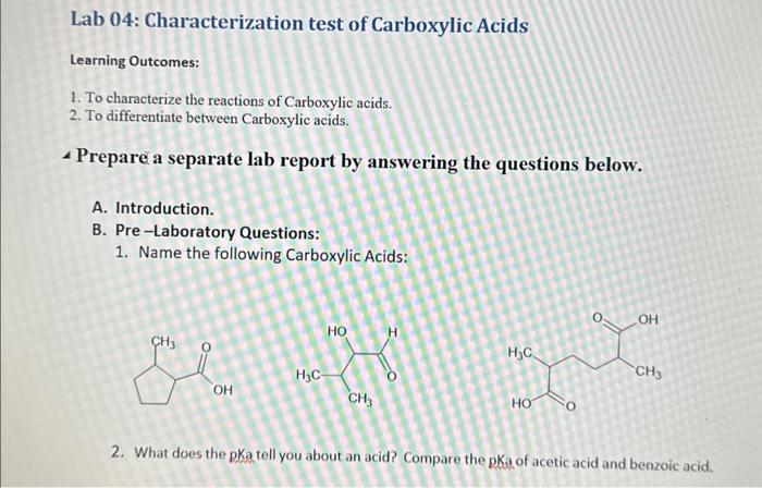 Solved Lab 04: Characterization test of Carboxylic Acids | Chegg.com