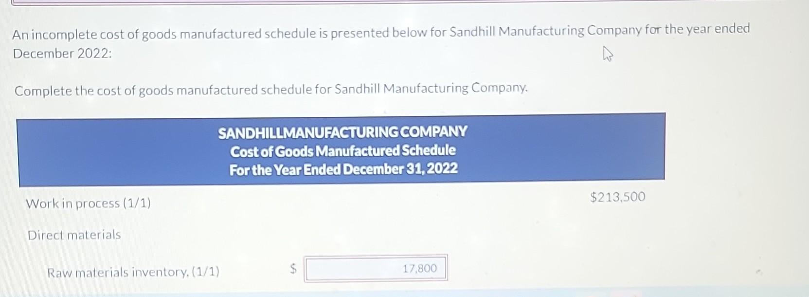 Solved An incomplete cost of goods manufactured schedule is | Chegg.com