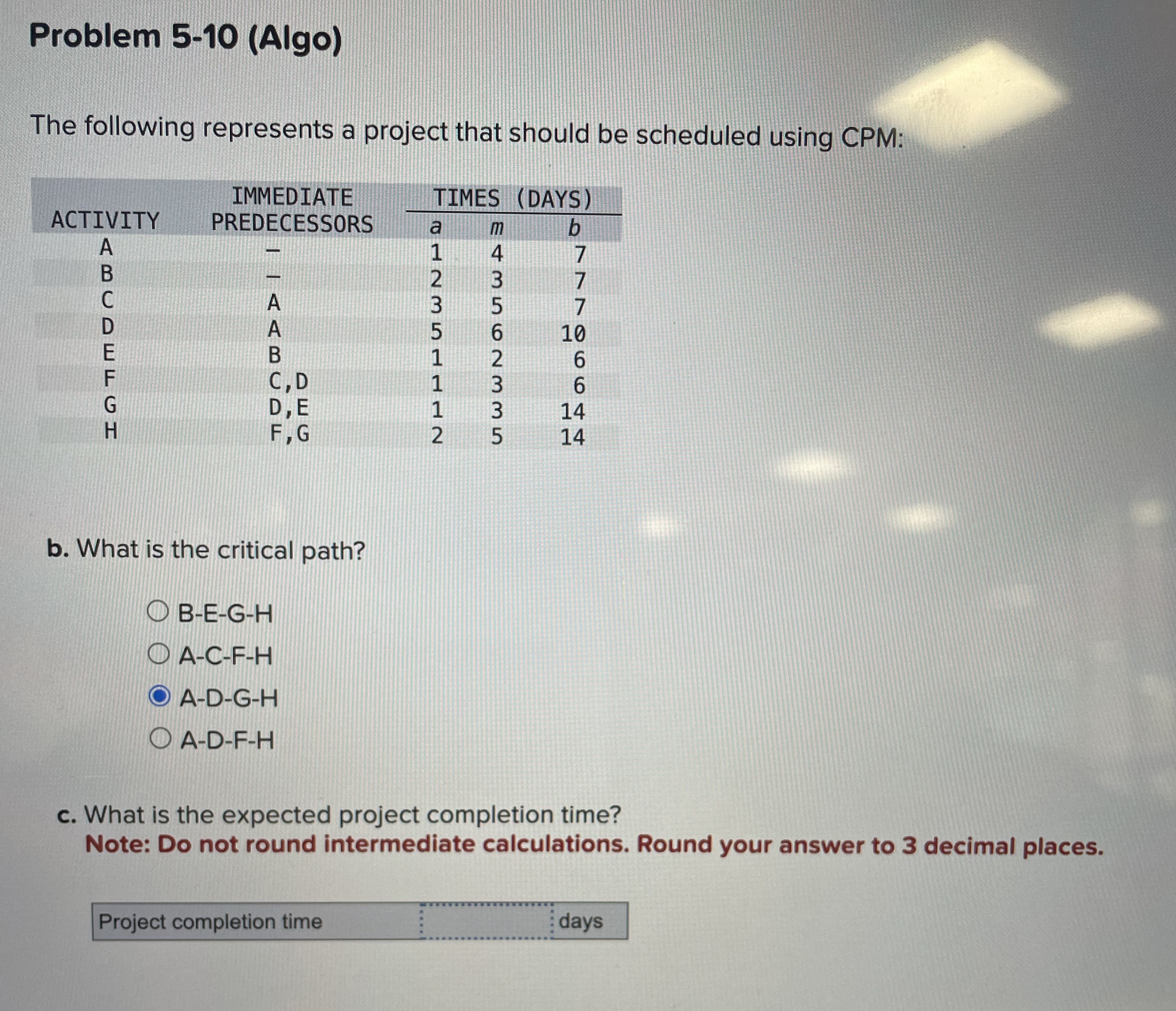 Solved Problem 5-10 (Algo)The following represents a project | Chegg.com