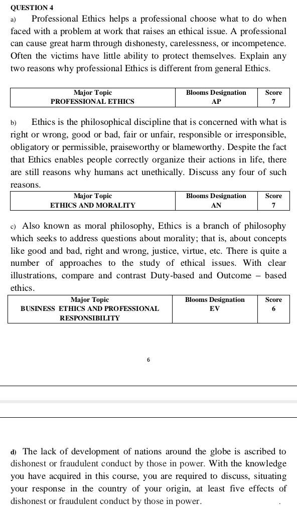 Solved QUESTION 4 a) Professional Ethics helps a | Chegg.com