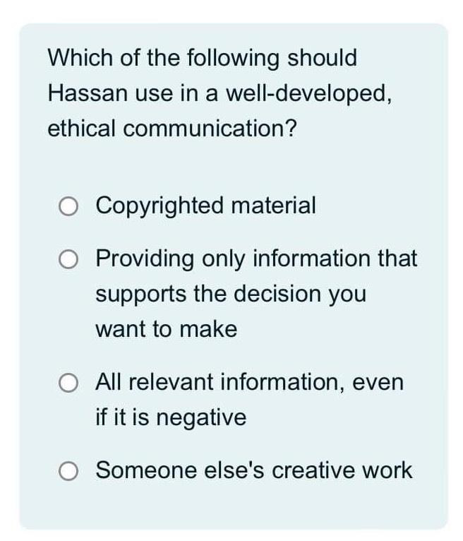 Solved Which of the following should Hassan use in a | Chegg.com