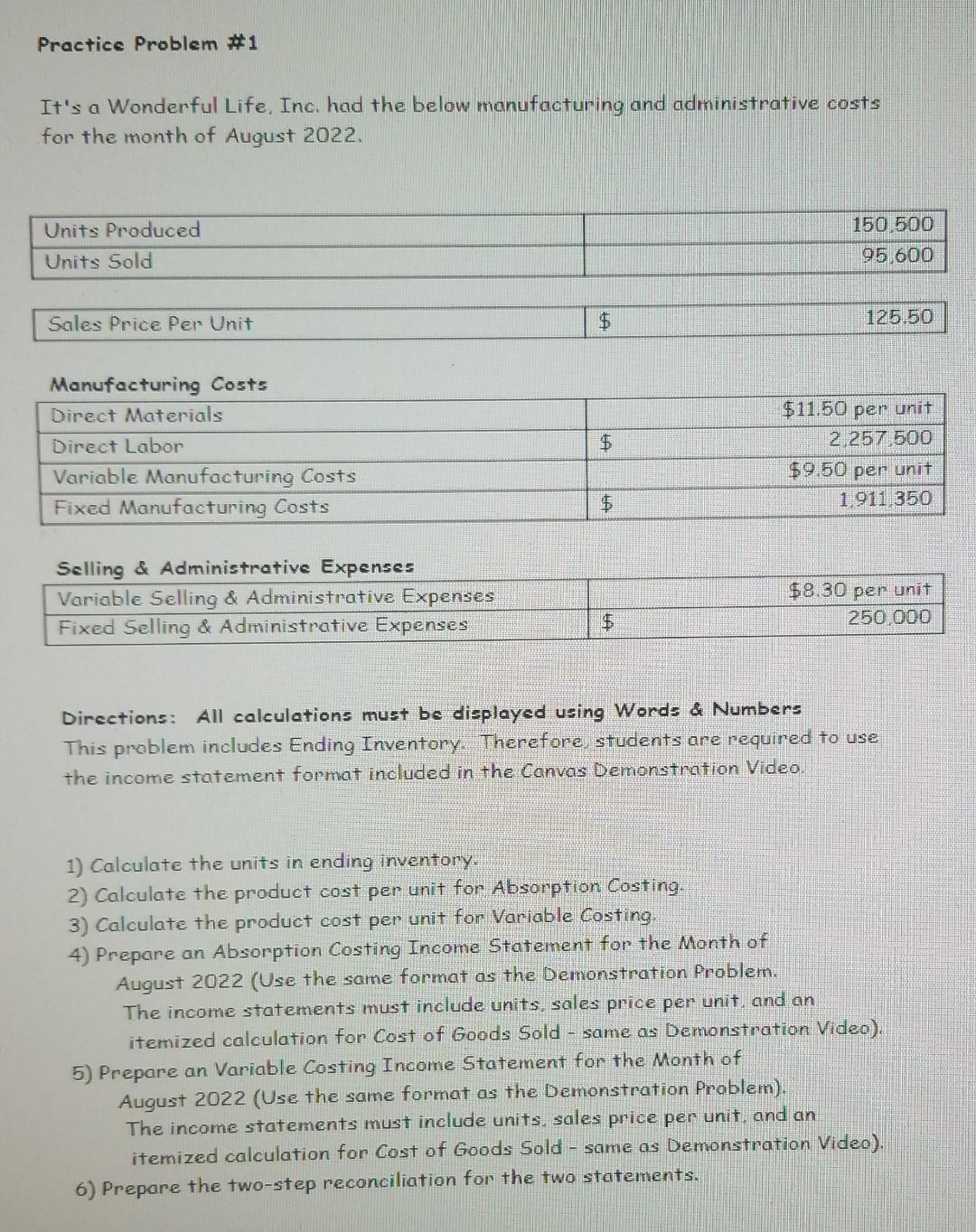 Solved Practice Problem \#1 It's a Wonderful Life, Inc. had | Chegg.com