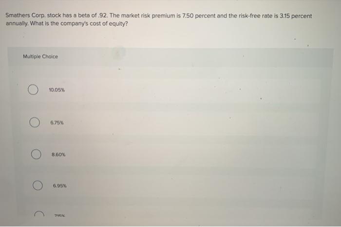 Solved Smathers Corp. stock has a beta of.92. The market | Chegg.com Solved Smathers Corp. stock has a beta of.92. The market | Chegg.com