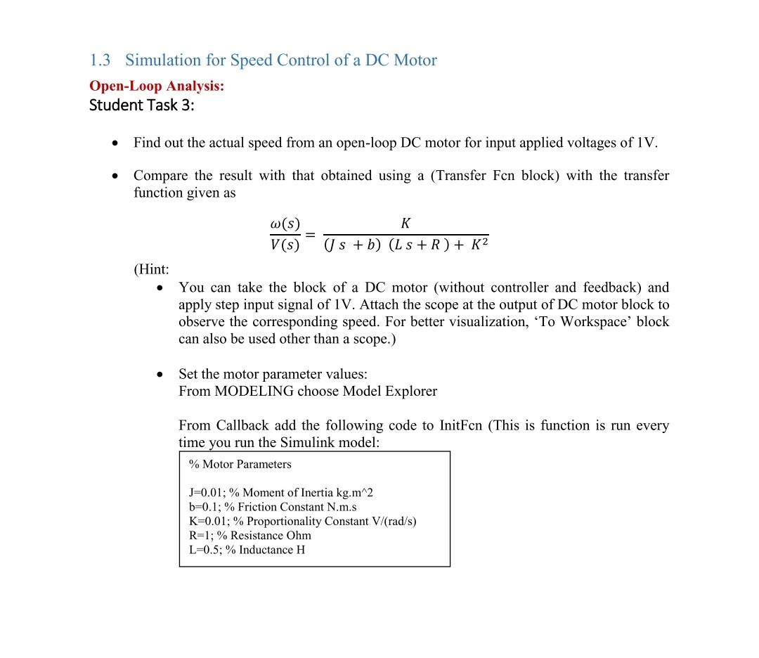 Solved 1.3 Simulation for Speed Control of a DC Motor | Chegg.com