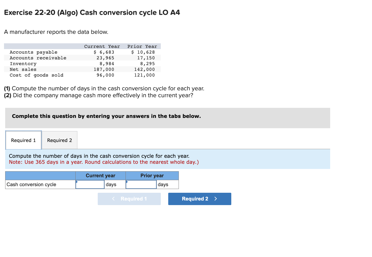 Solved Exercise 22-20 (Algo) ﻿Cash conversion cycle LO A4A | Chegg.com