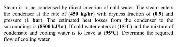Solved Steam is to be condensed by direct injection of cold | Chegg.com