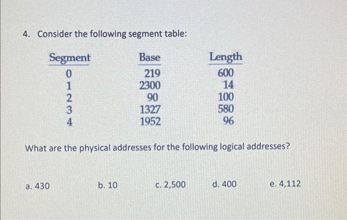 Solved 4. Consider the following segment table: Segment 0 1 | Chegg.com