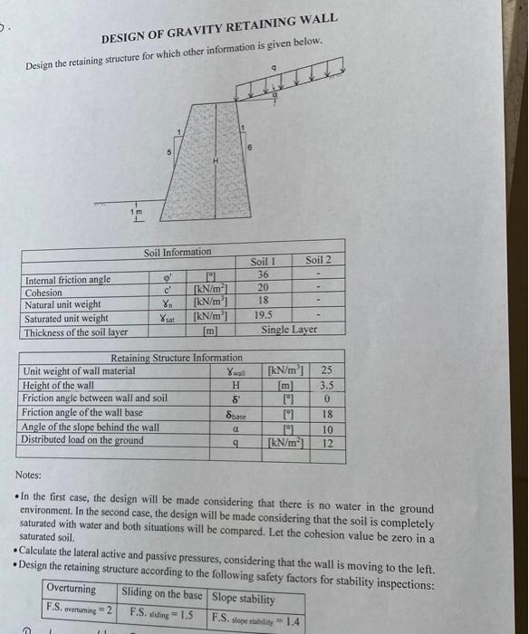 . DESIGN OF GRAVITY RETAINING WALL Design the | Chegg.com