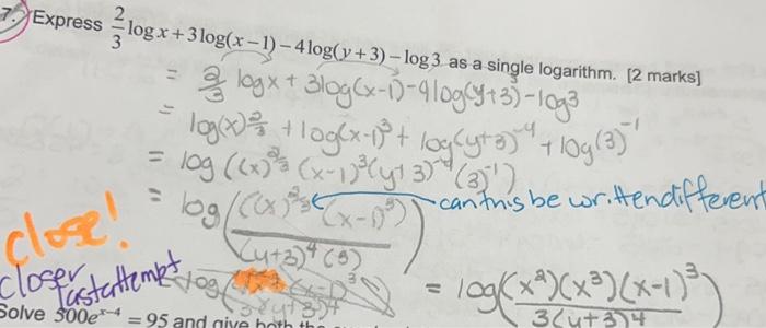 Solved Express 32logx+3log(x−1)−4log(y+3)−log3 as a single | Chegg.com