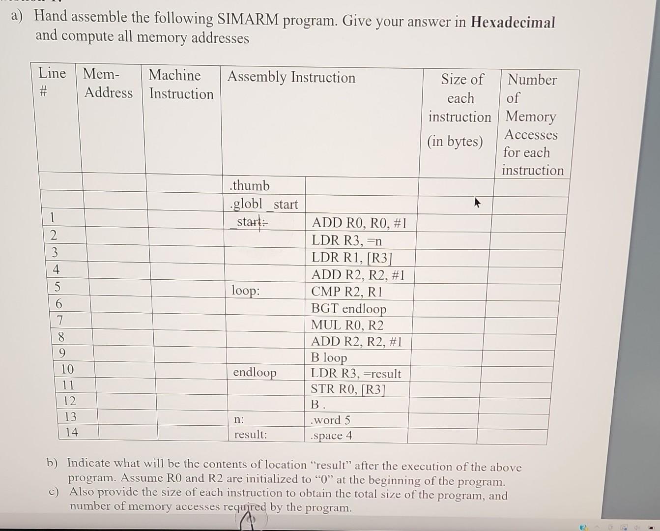 Solved Hand assemble the following SIMARM program. Give your | Chegg.com