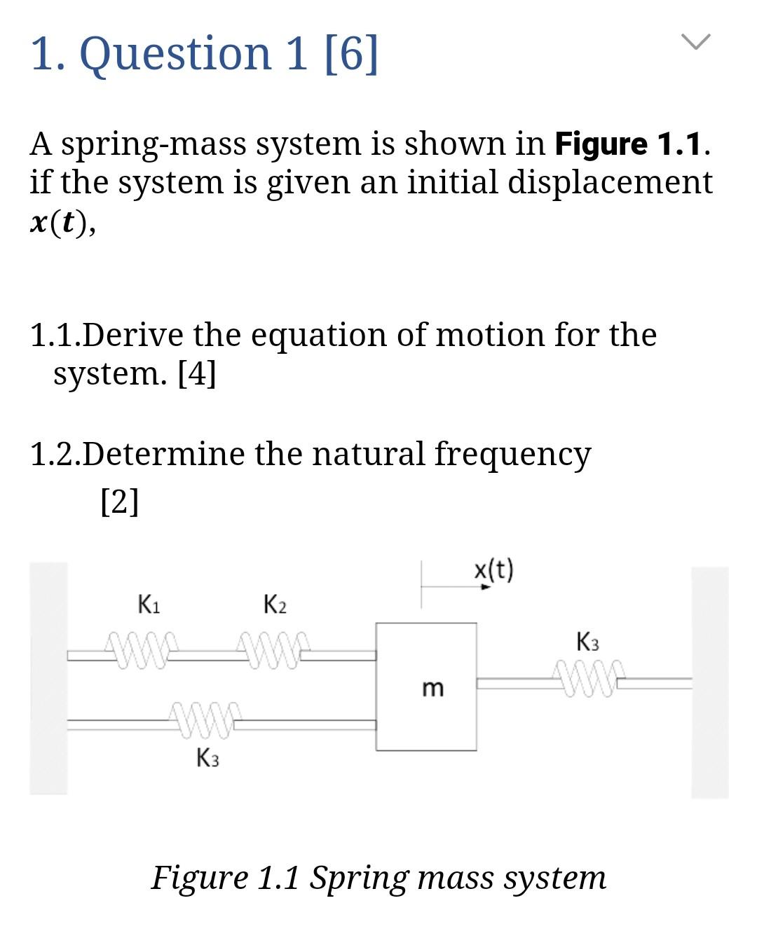 Solved 1. Question 1 [6] A spring-mass system is shown in | Chegg.com