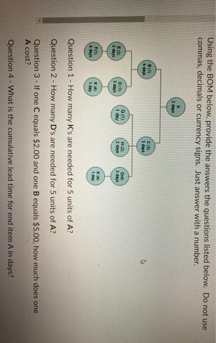 Solved Using the BOM below, provide the answers the | Chegg.com