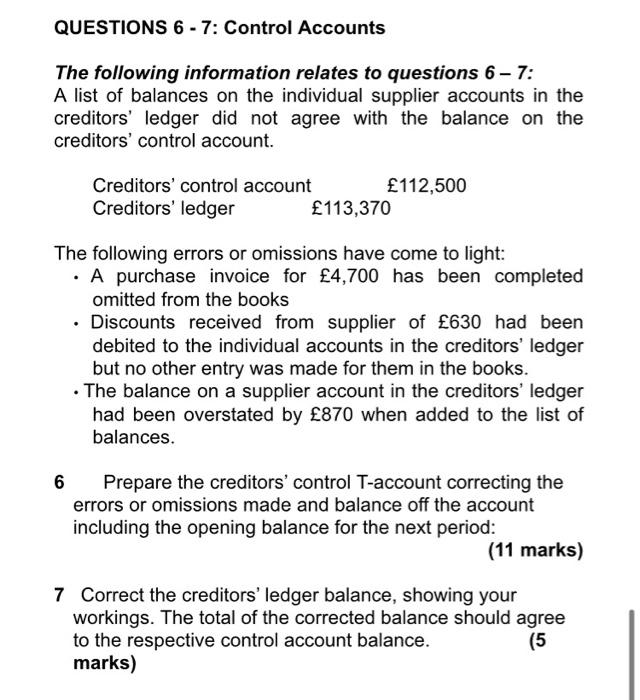Solved QUESTIONS 6 - 7: Control Accounts The following | Chegg.com