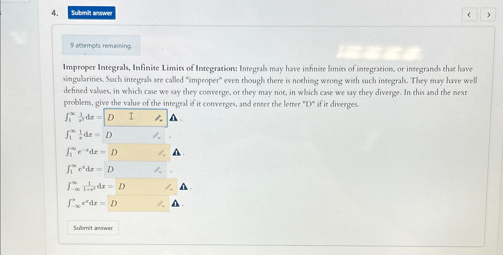 Solved 9 ﻿attempts remaining.Improper Integrals, Infinite | Chegg.com