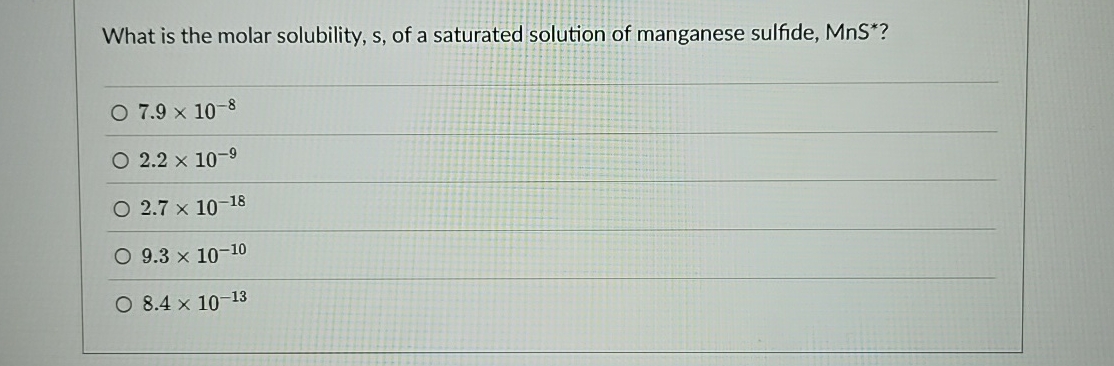 Solved What is the molar solubility, s, ﻿of a saturated | Chegg.com