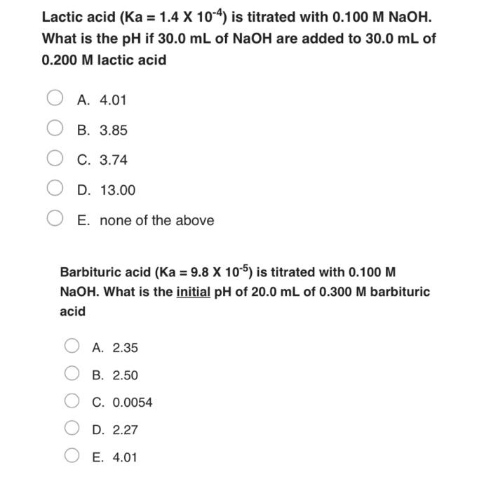Solved Lactic acid (Ka = 1.4 X 10-4) is titrated with 0.100 | Chegg.com