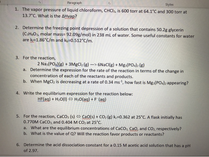 Solved Paragraph Styles 1. The vapor pressure of liquid | Chegg.com