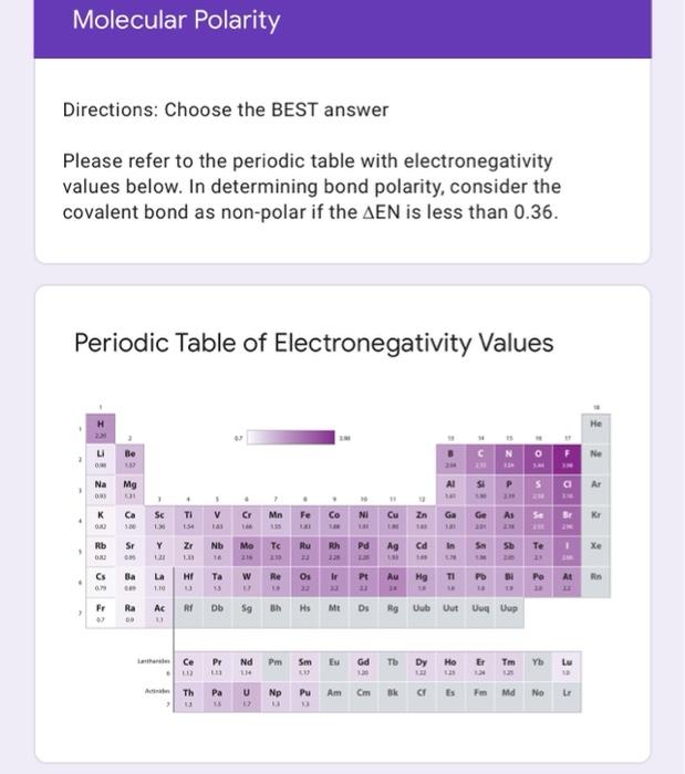 Solved Molecular Polarity Directions: Choose the BEST answer | Chegg.com