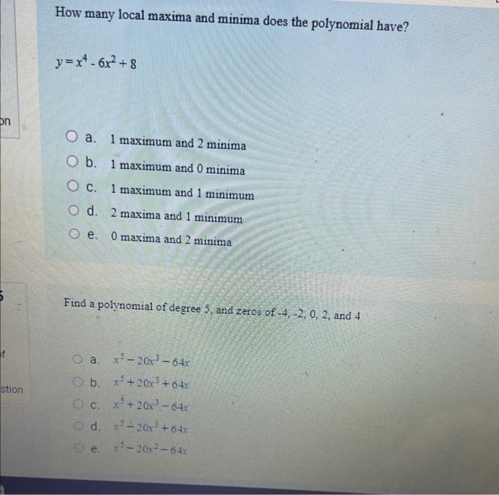 Solved How many local maxima and minima does the polynomial | Chegg.com