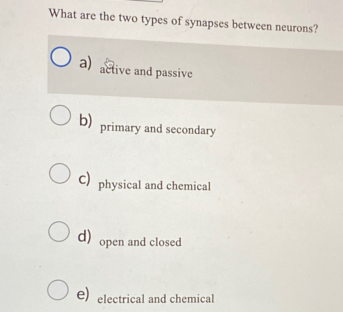 Solved What are the two types of synapses between neurons?a) | Chegg.com