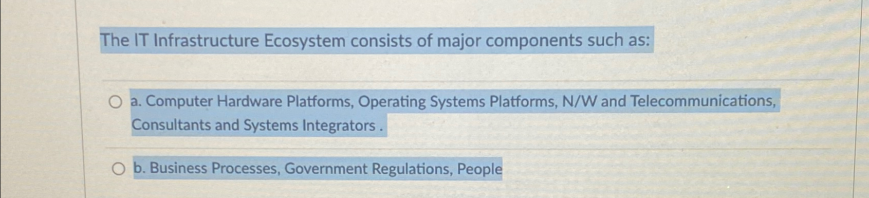 Solved The IT Infrastructure Ecosystem consists of major | Chegg.com