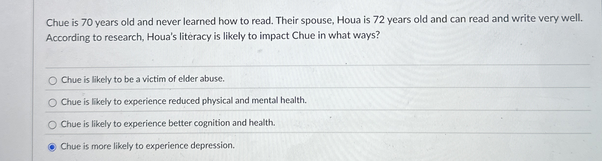 Solved Chue is 70 ﻿years old and never learned how to read. | Chegg.com
