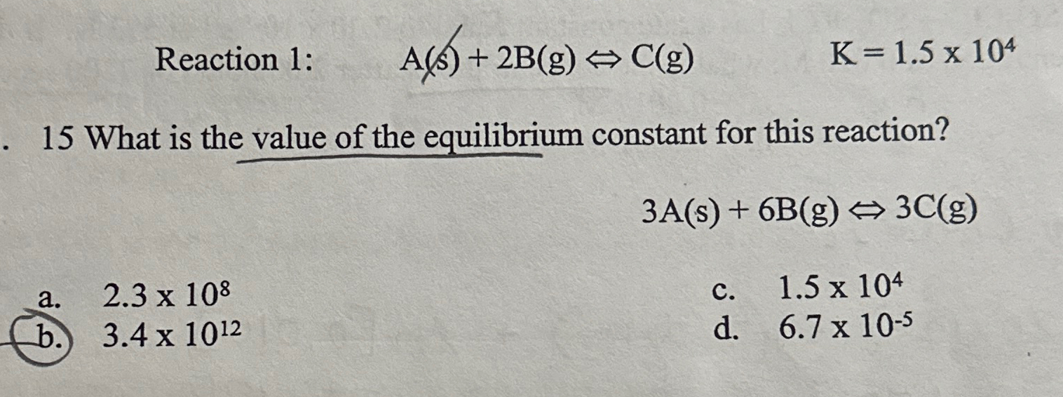 Solved Reaction 1:A(s)+2B(g)≤>C(g),K=1.5×10415 ﻿What is the | Chegg.com