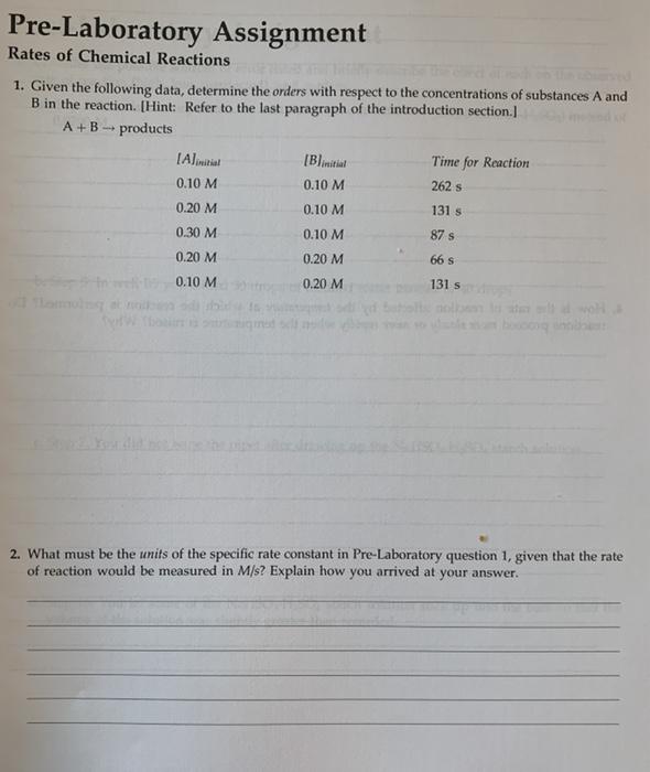 Solved Pre-Laboratory Assignment Rates of Chemical Reactions | Chegg.com