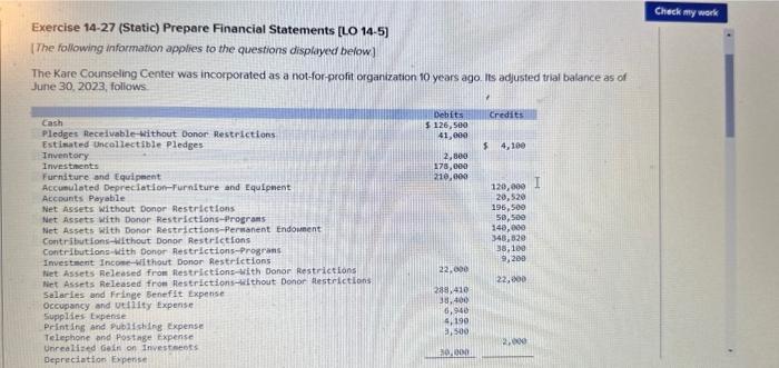 Exercise 14-27 (Static) Prepare Financial Statements | Chegg.com